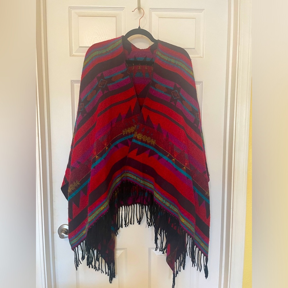 Red And Plum Reversible Aztec Ruana Wrap - Gem